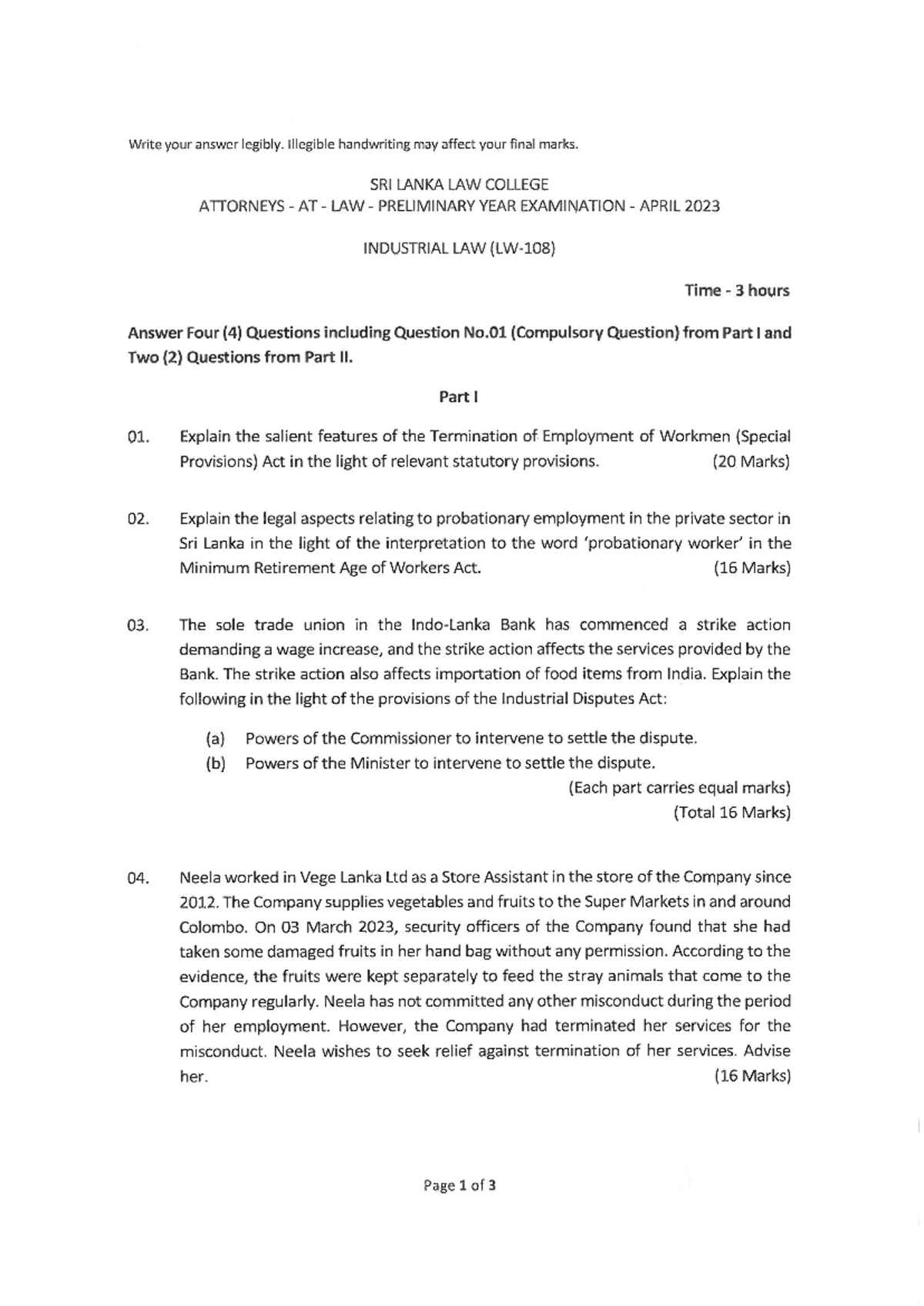 SRI LANKA LAW COLLEGE PRELIMINARY YEAR EXAMINATION APRIL 2023 ...