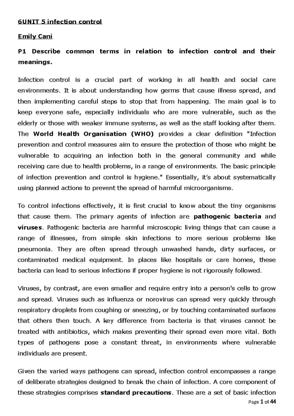 UNIT 5 Infection Control: Key Concepts and Practices for Safety - Studocu