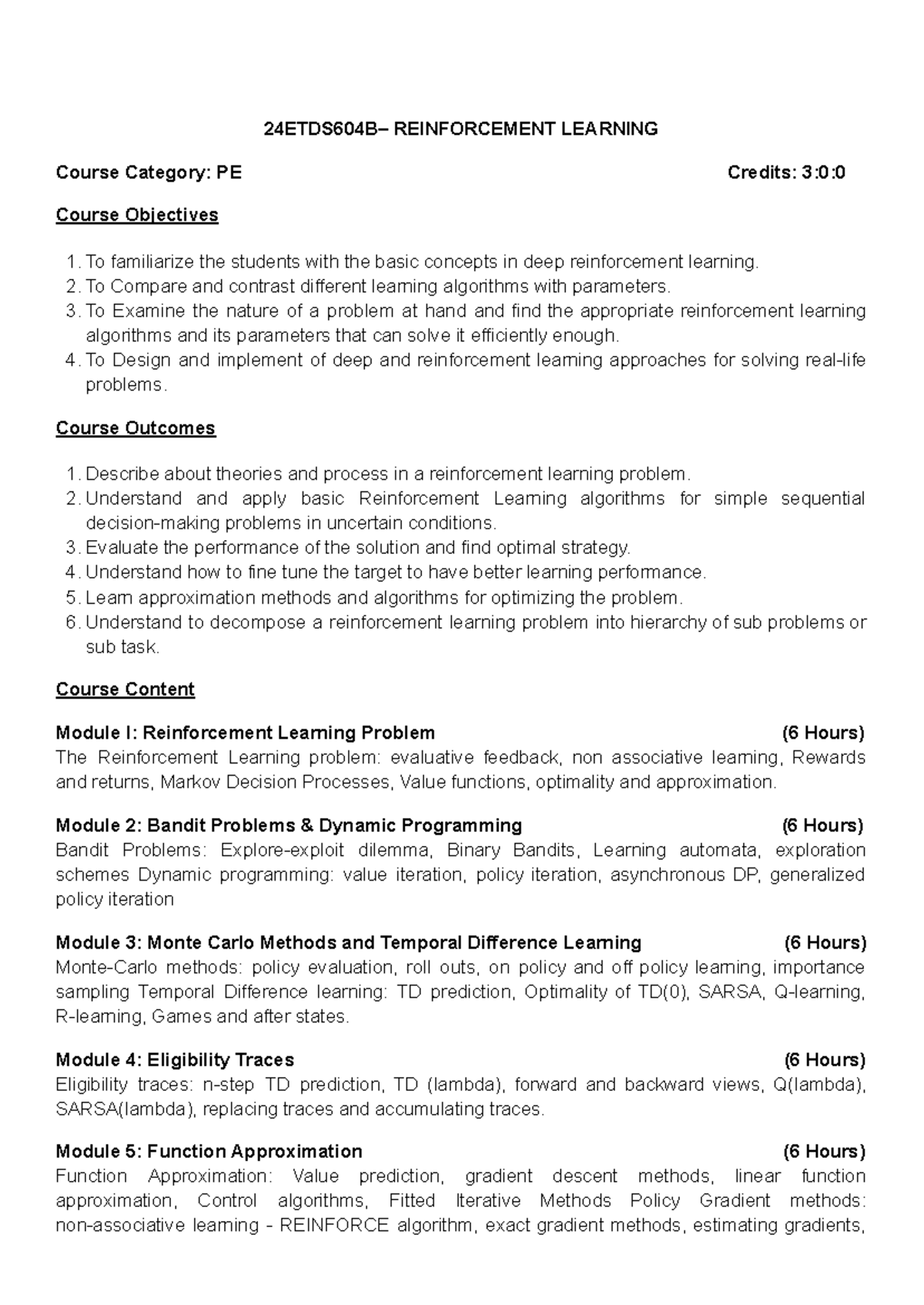 Reinforcement Learning Syllabus (PE 3:0:0) - Course Overview and ...