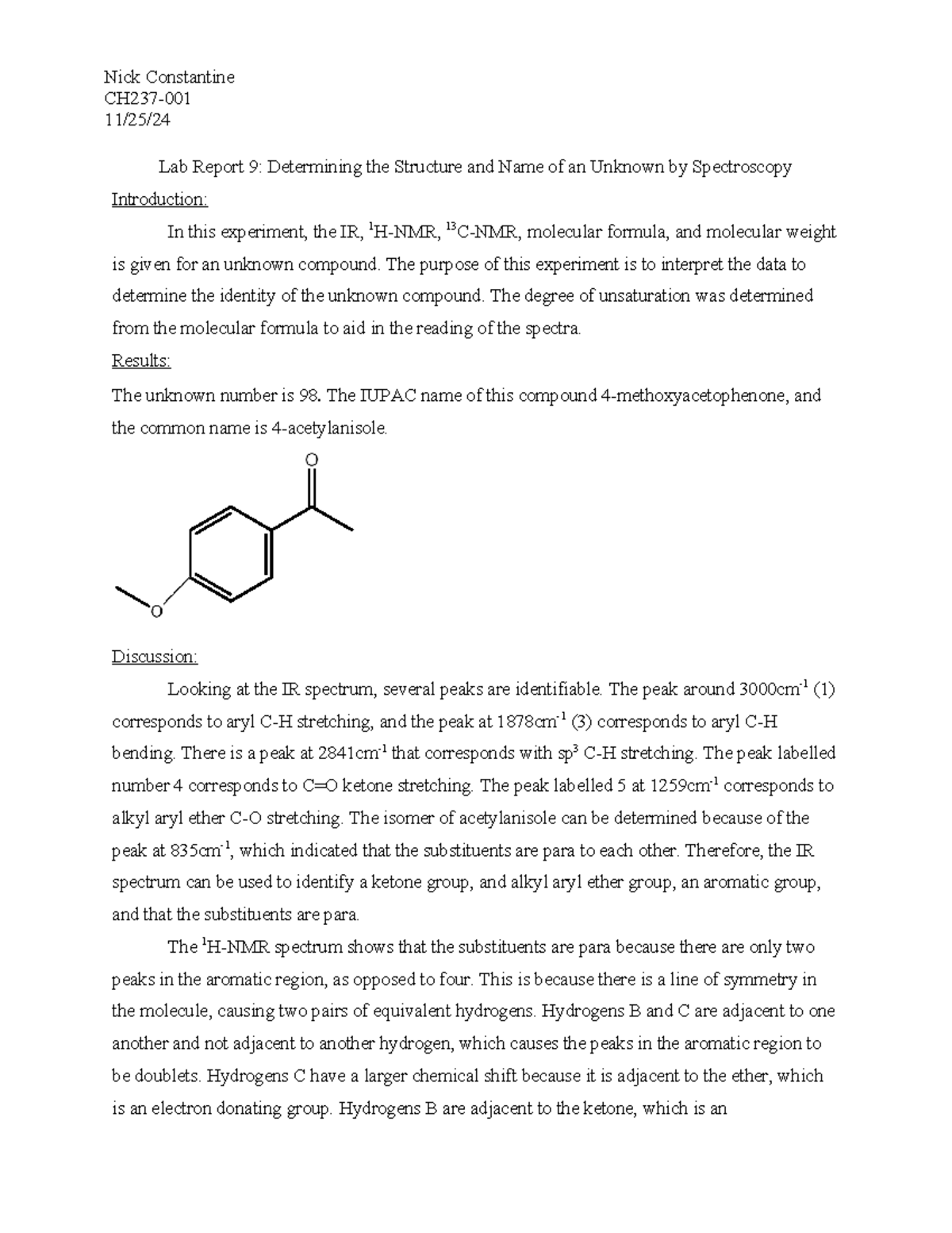 Lab Report 9 - CH237: Identifying Unknown Compound via Spectroscopy ...