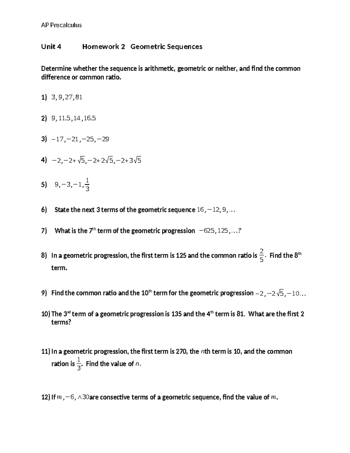 AP Precalculus U4 HW2: Analyzing Geometric Sequences - Studocu