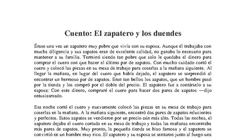 Cuento: El zapatero y los duendes - Una historia de generosidad - Studocu