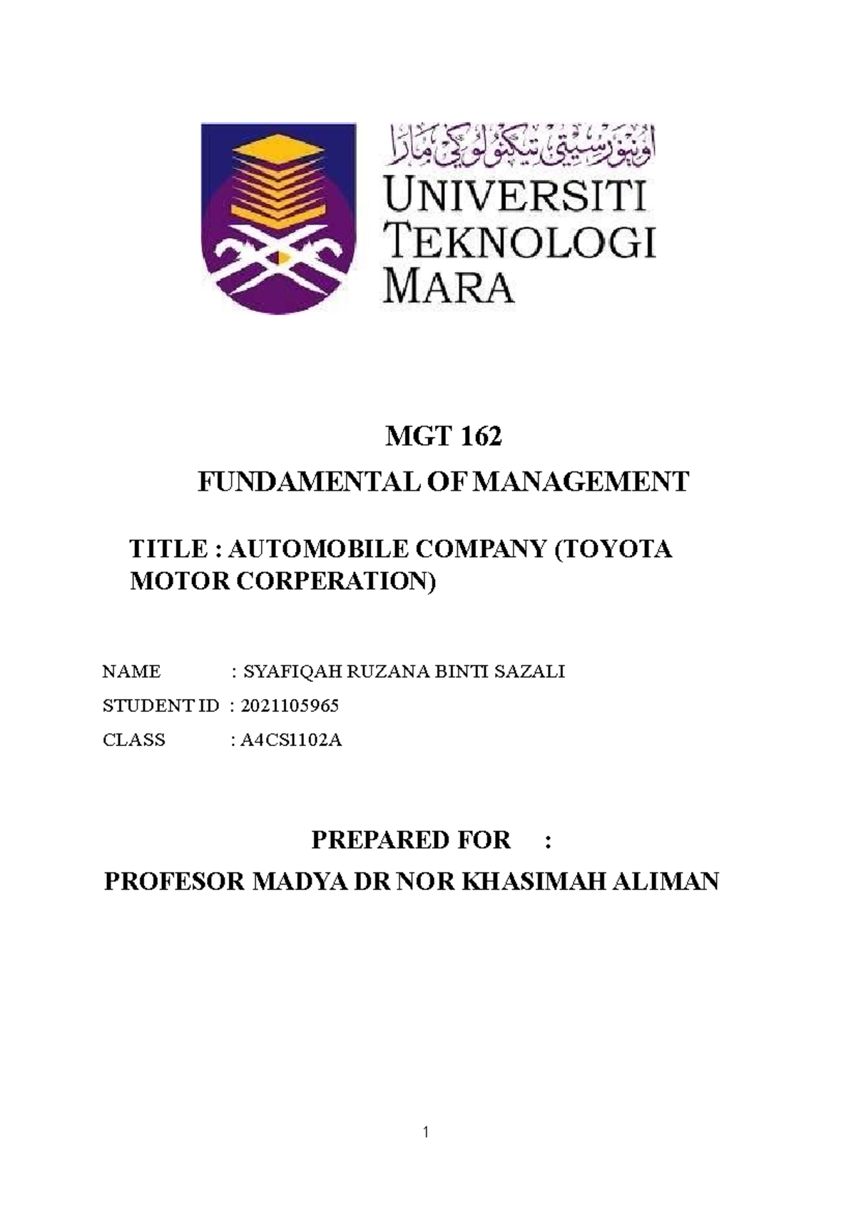 MGT Individual Assignment - MGT 162 FUNDAMENTAL OF MANAGEMENT TITLE ...