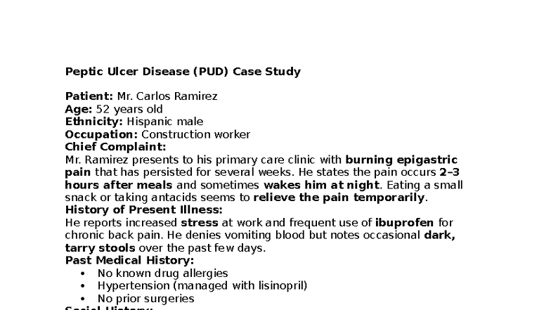 Peptic Ulcer Disease (PUD) Case Study: Mr. Carlos Ramirez - Studocu