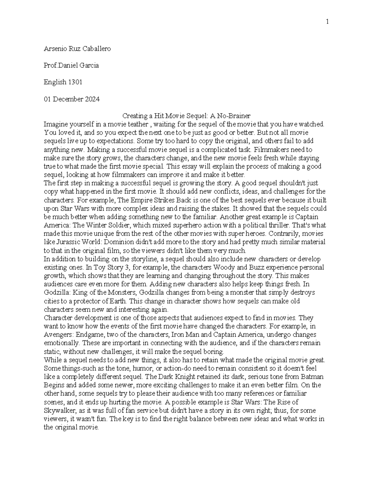 Essay Notes - English 1301: Crafting Successful Movie Sequels - Studocu