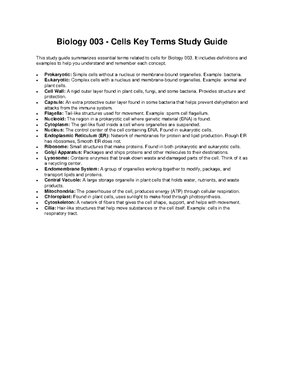 Biology 003 Key Terms Study Guide: Understanding Cells - Studocu