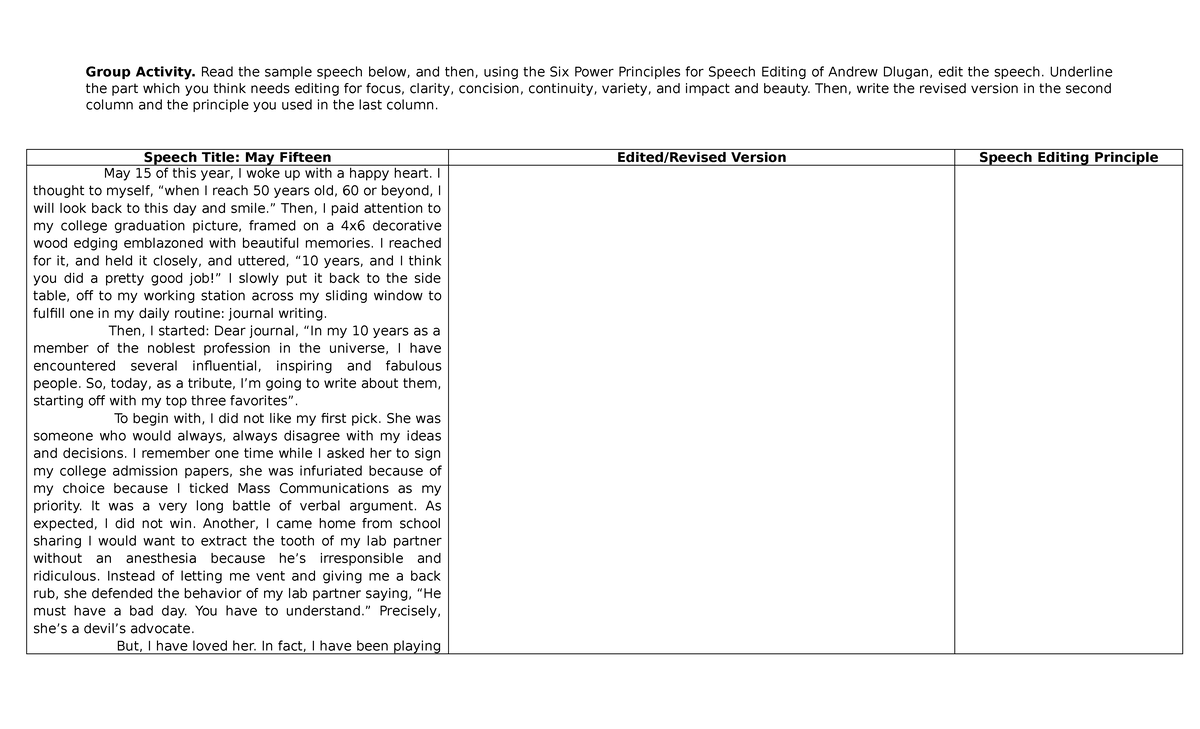 Editing Principles for Speech: Focus, Clarity, and Impact - Studocu