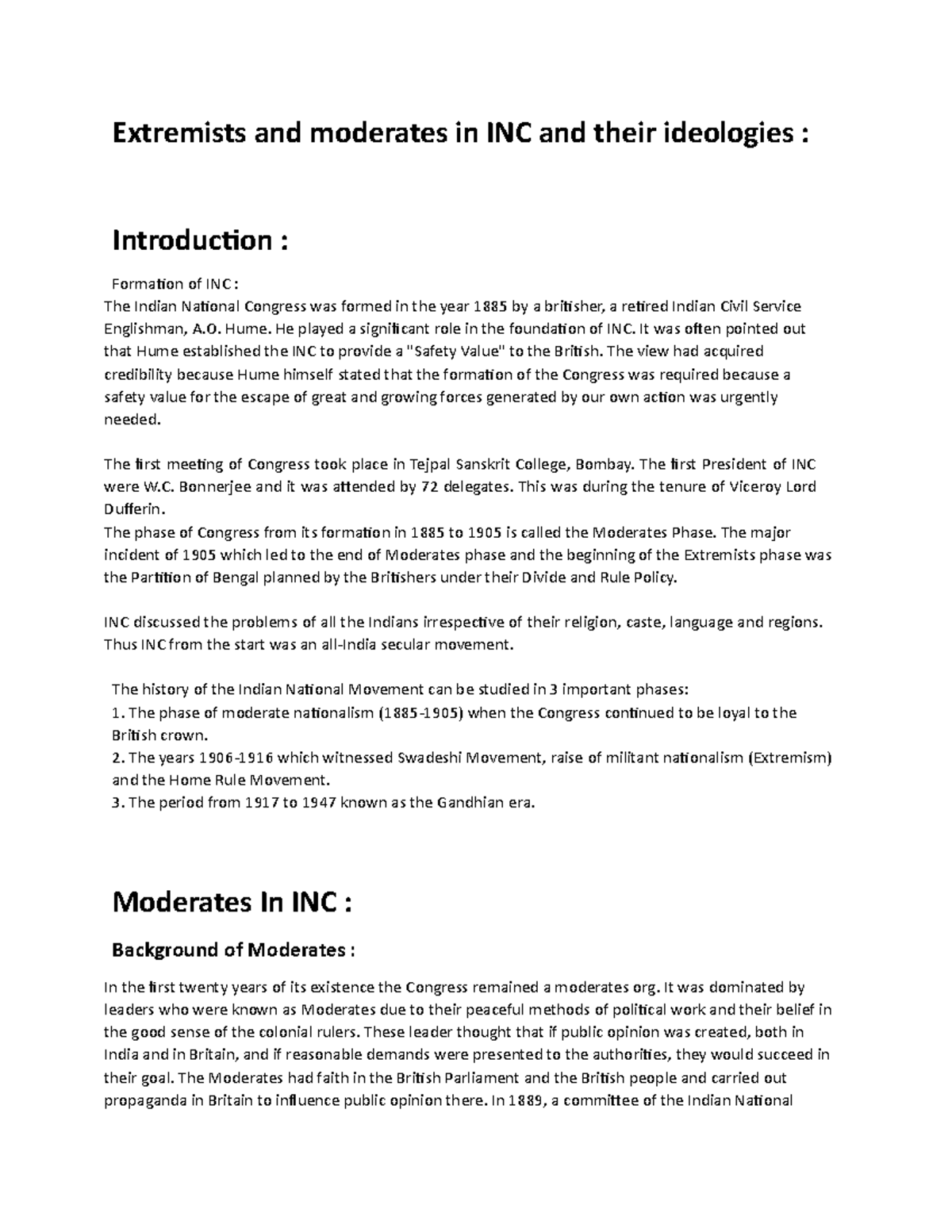 Moderates and Extremists - Extremists and moderates in INC and their ...