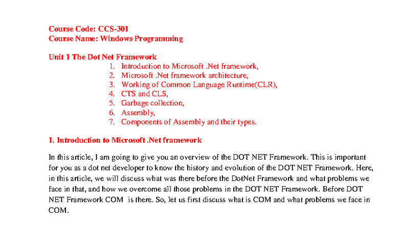 Course Code: Windows Programming - Unit 1: Overview of .NET Framework ...