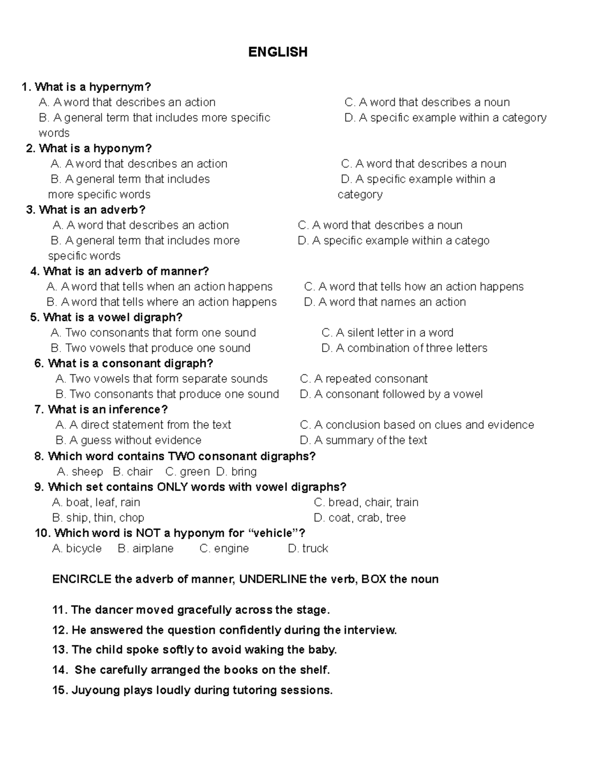 ENGLISH 1: Understanding Hypernyms, Hyponyms, and Adverbs - Studocu