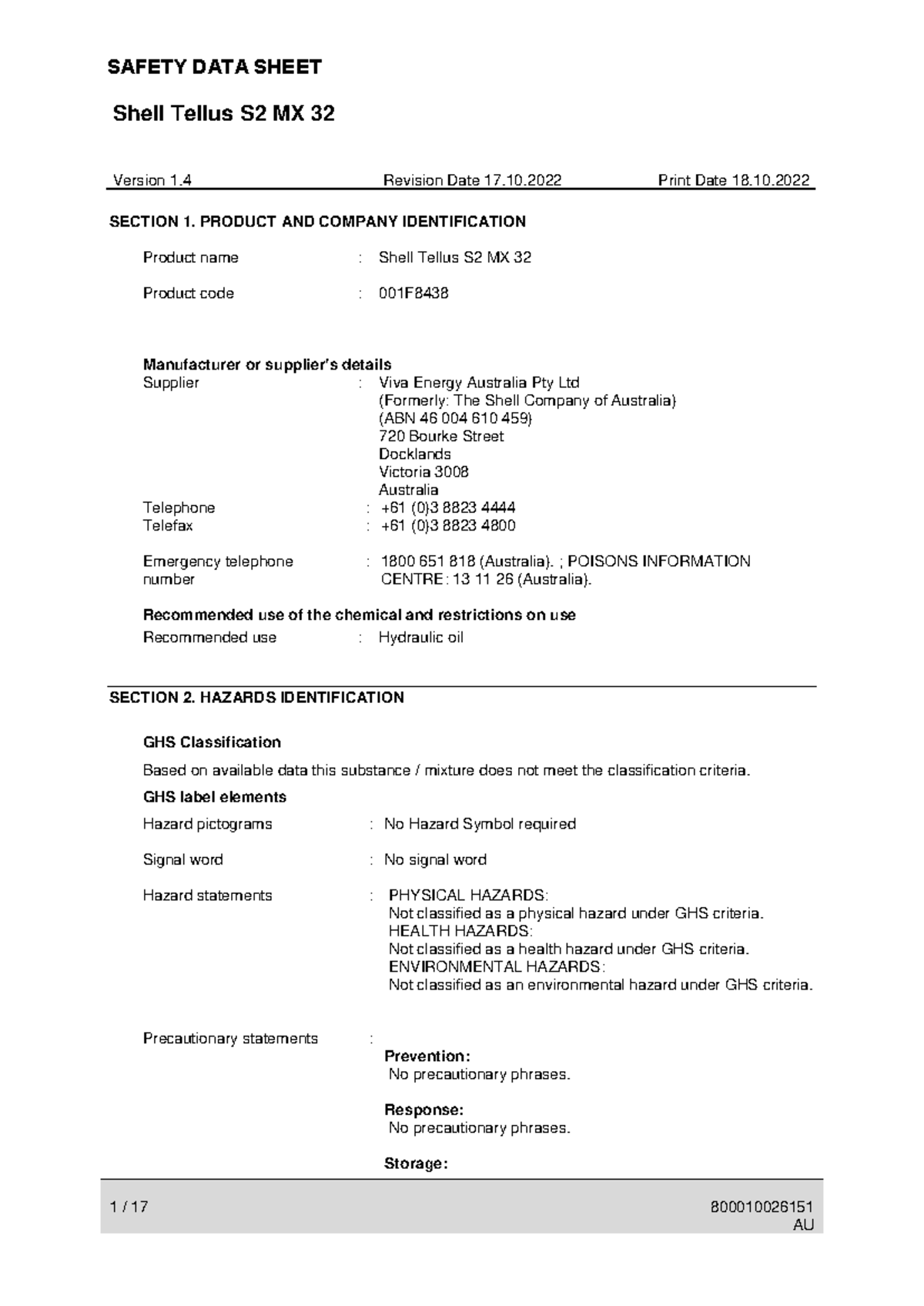 Shell Tellus S2 MX 32 Safety Data Sheet - GSAP 02461993 - Studocu