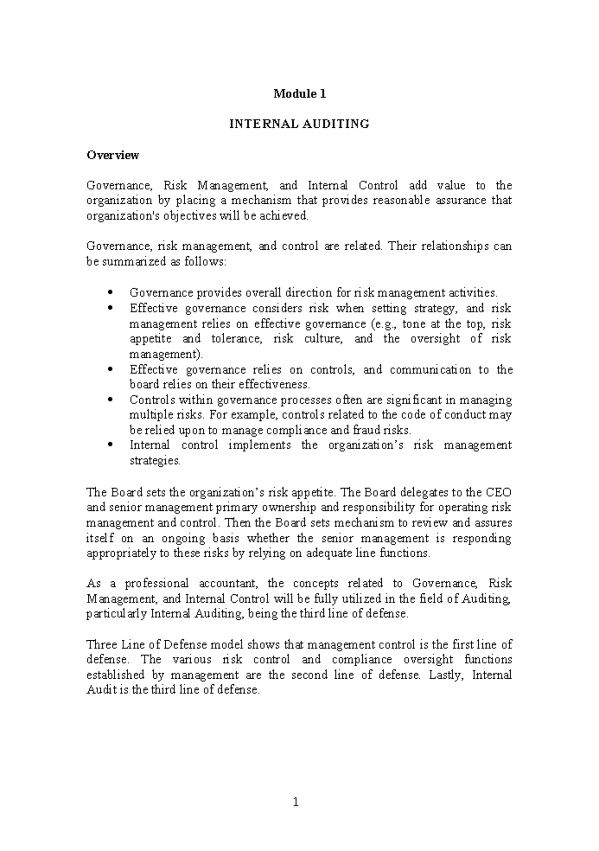 Module 1: Essentials of Internal Auditing (GRC) - Overview and Objectives - Studocu