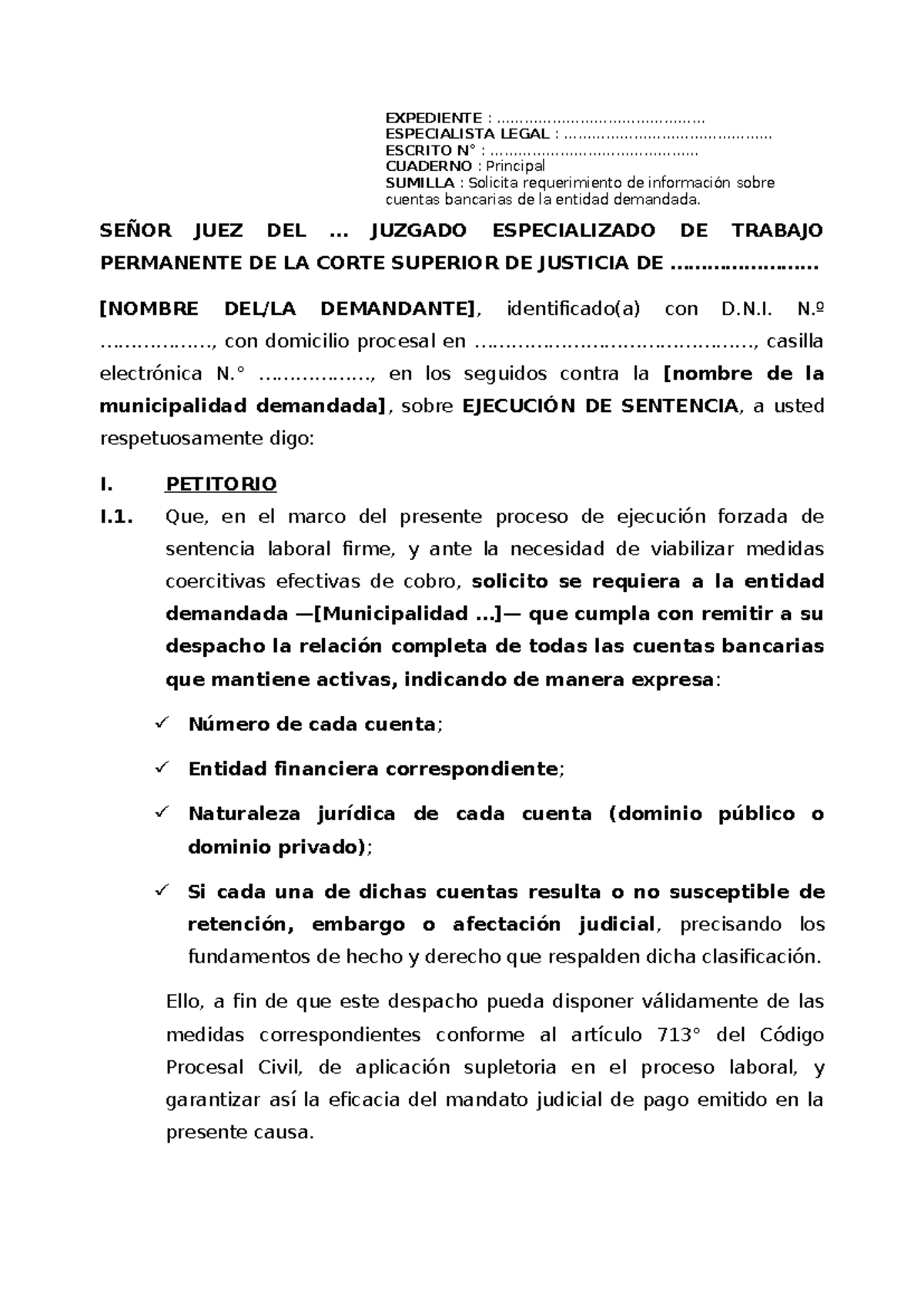 Modelo de Escrito para Ejecución Forzada en Proceso Laboral - Studocu