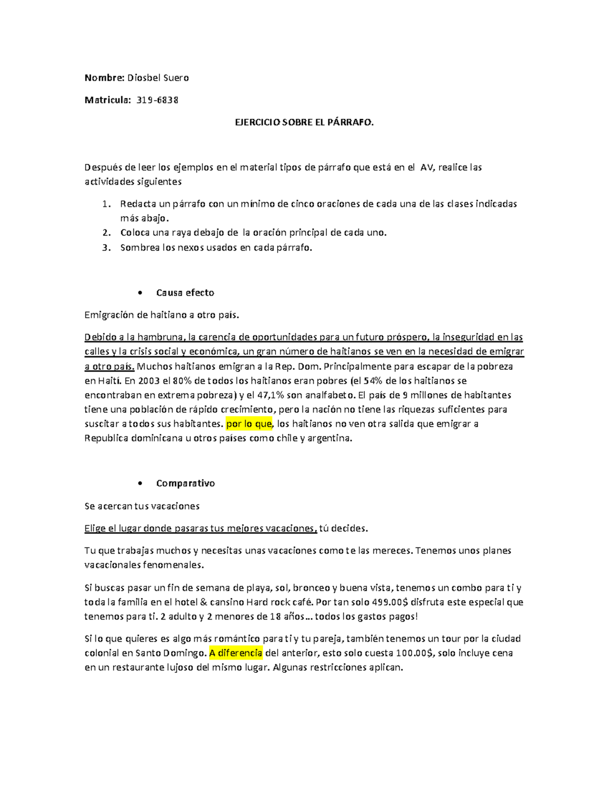 Ejercicio sobre el párrafo Diosbel Suero - Nombre: Diosbel Suero ...
