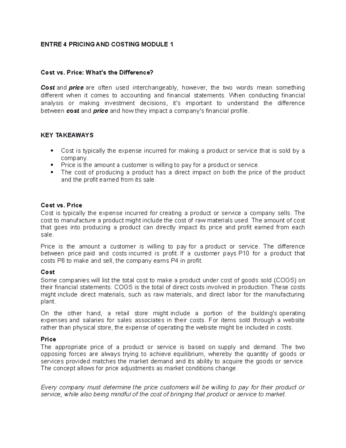 Module 1 Pricing AND Costing - ENTRE 4 PRICING AND COSTING MODULE 1 ...