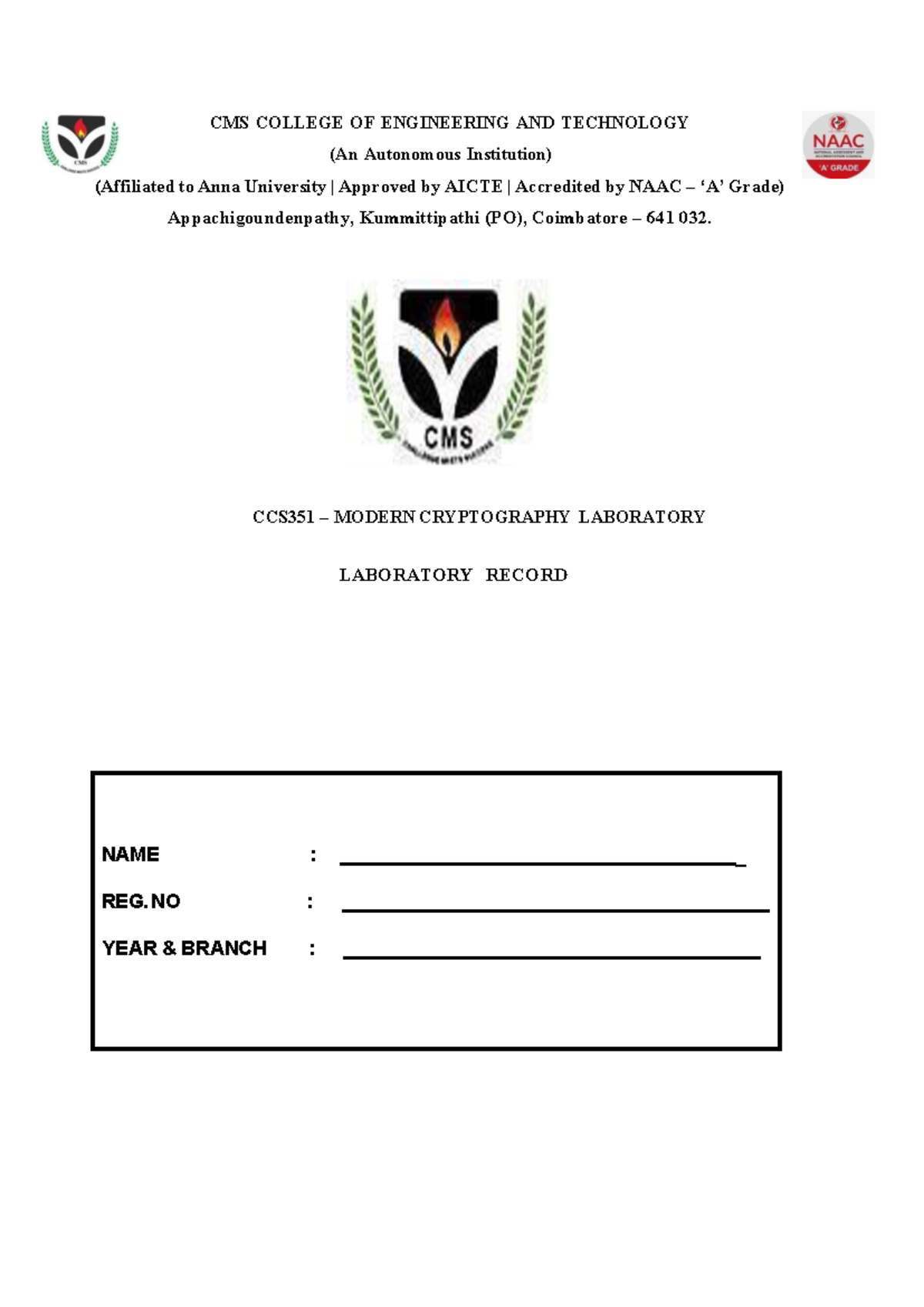 CCS351 MODERN CRYPTOGRAPHY LAB MANUAL - 2025 - Studocu