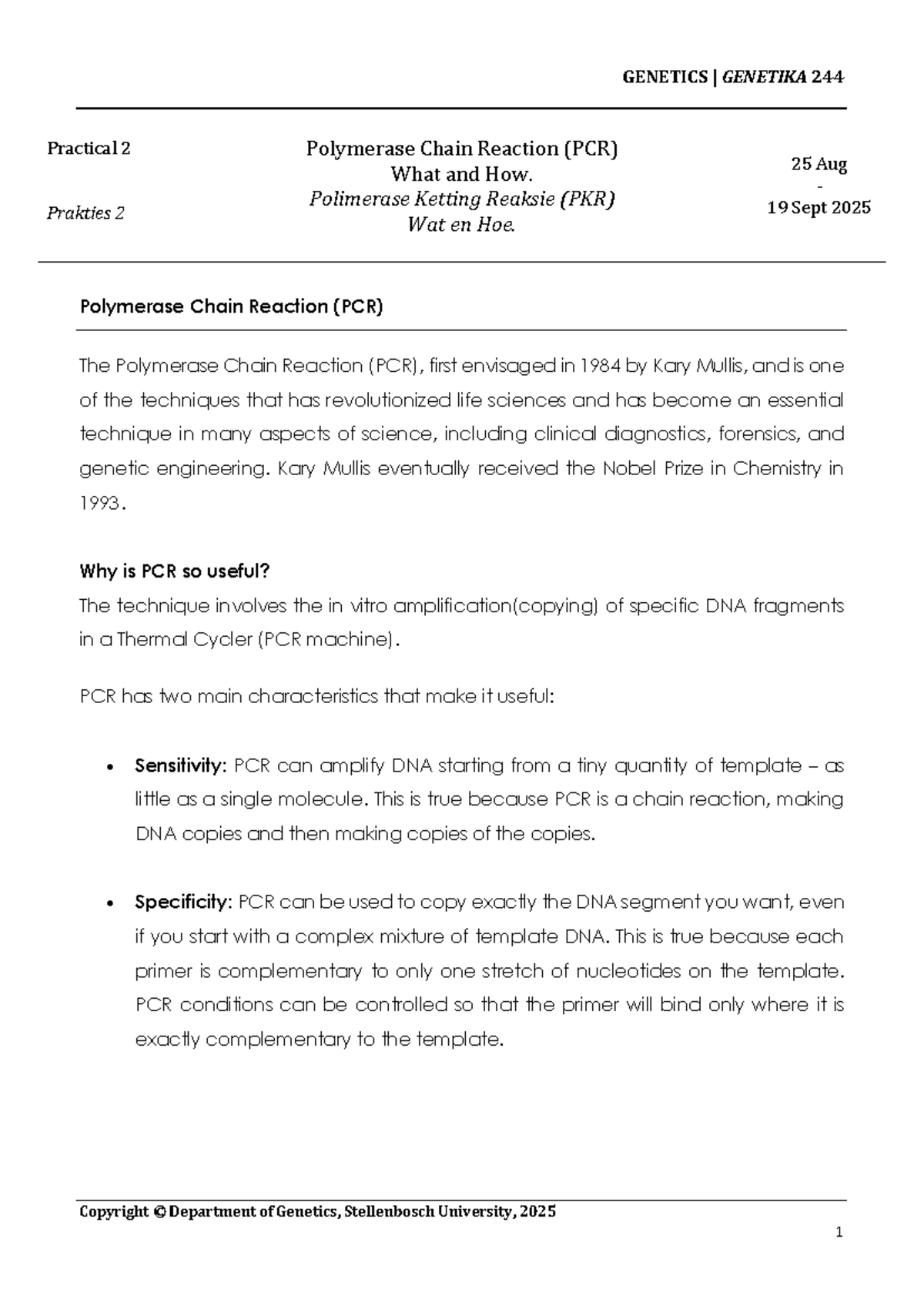 PCR Techniques and Applications in Genetics | GENETICS 244 Practical ...