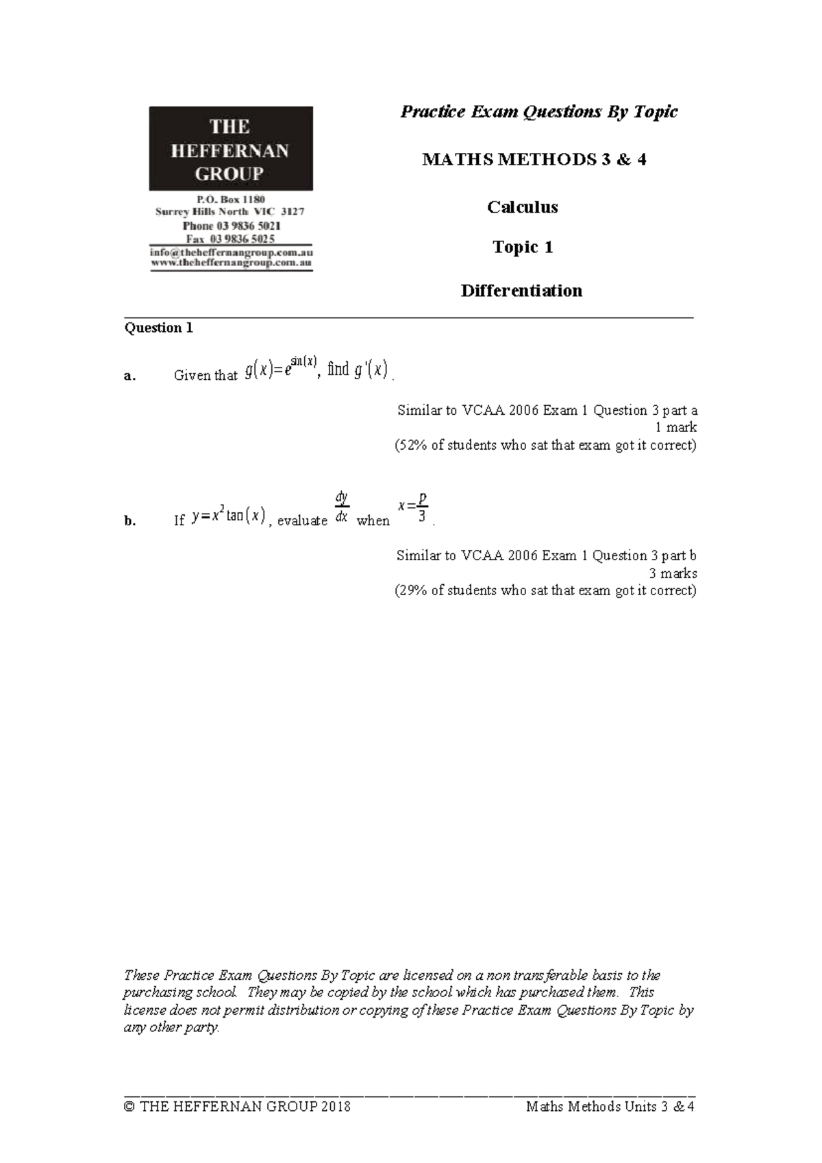 Practice Exam Questions MATHS METHODS 3 4: Differentiation - Studocu