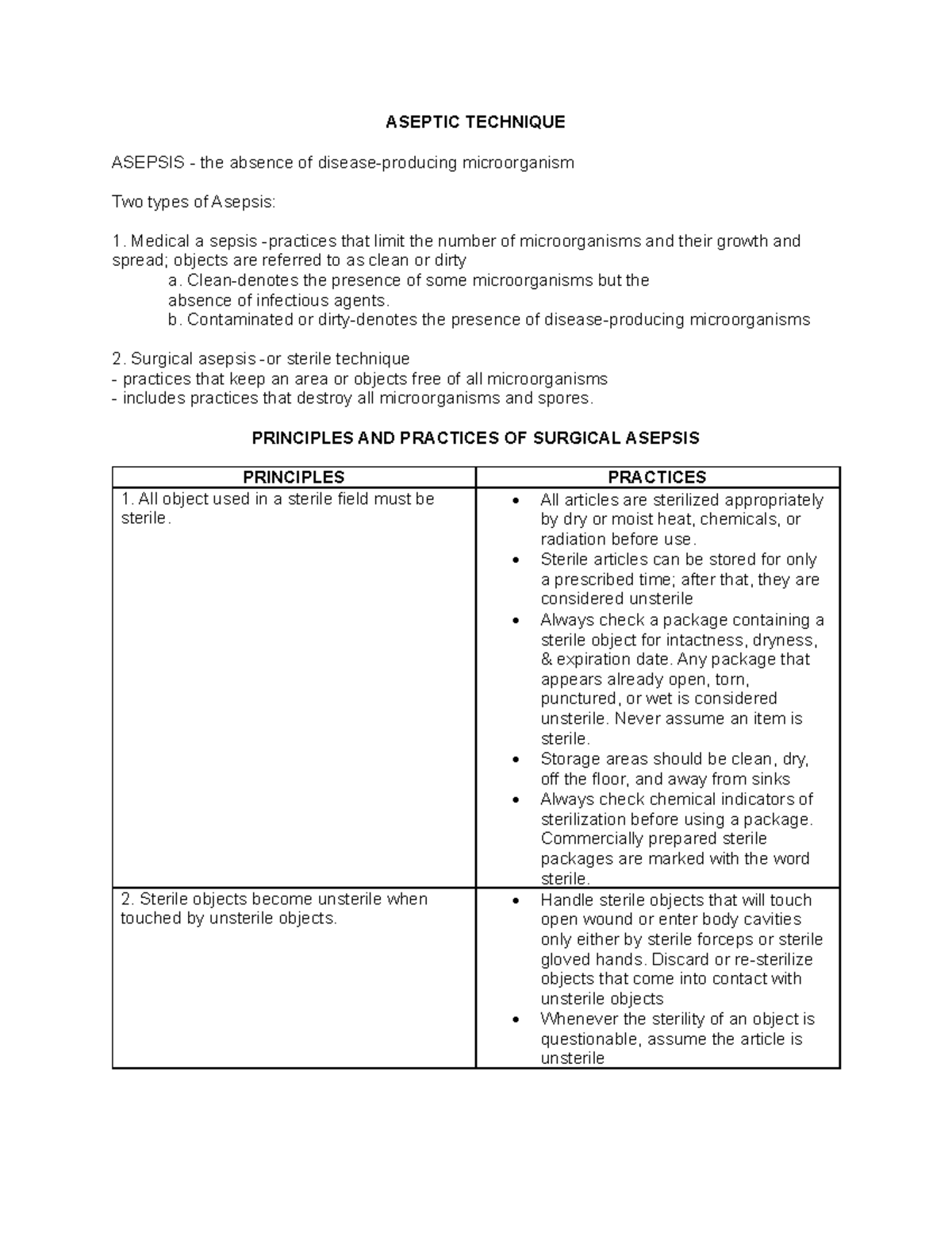 Aseptic Technique: Principles and Practices of Surgical Asepsis - Studocu