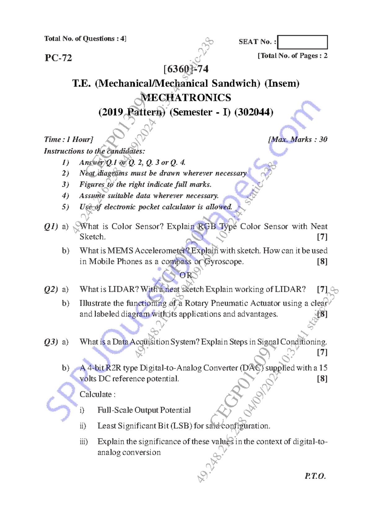 Mechatronics (302044) Insem Exam Q&A - Semester 1, 2024 - Studocu