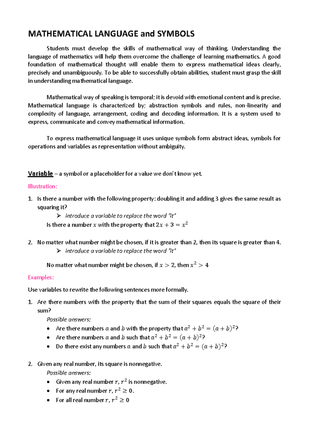 Mathematical Language and Symbols - Understanding Key Concepts in Math - Studocu