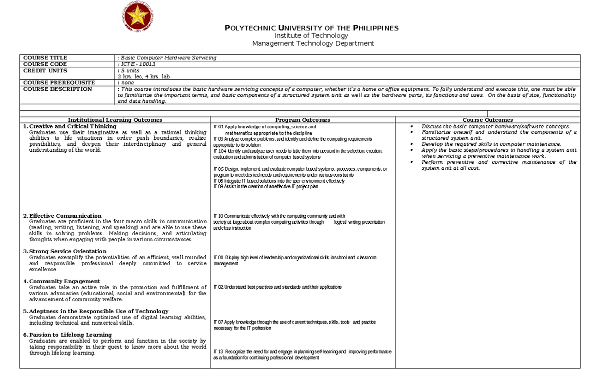 ICTE 10013 Basic Computer Hardware Servicing Course Overview and Syllabus - Studocu