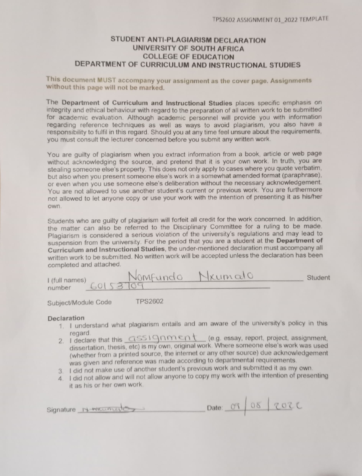 TPS2602 Assignment 1 - TPS2602 ASSIGNMENT 01 2022 TEMPLATE STUDENT ANTI-PLAGIARISM DECLARATION ...