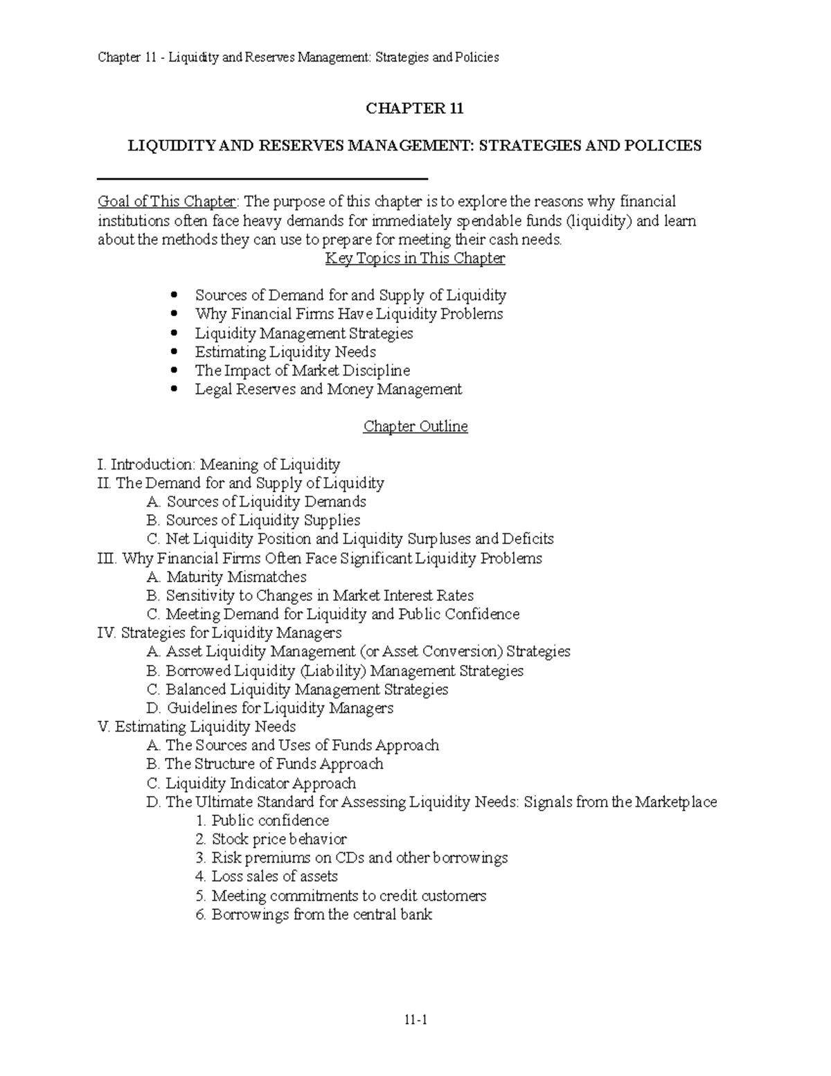 Chap 11: Strategies & Policies for Liquidity & Reserve Management - Studocu
