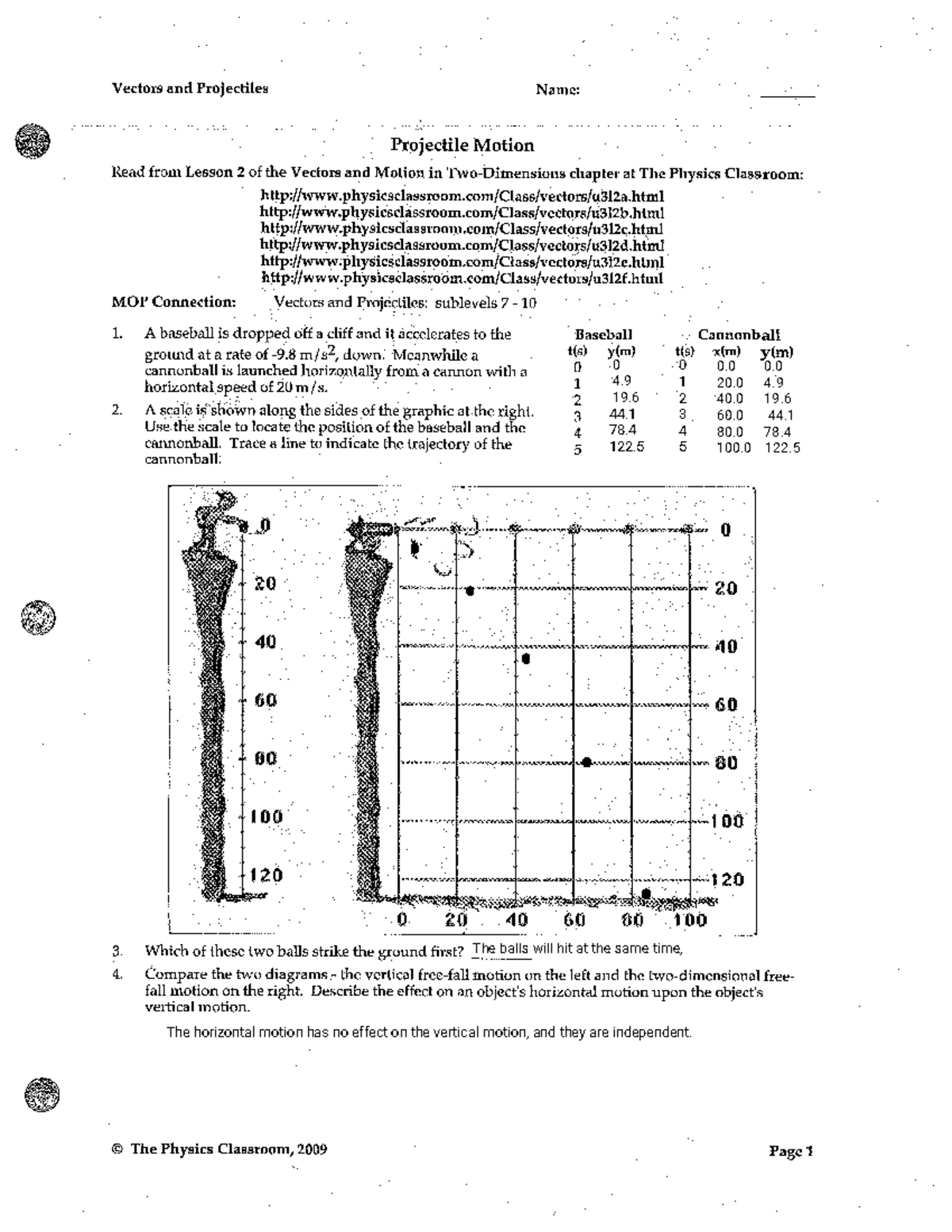 HW projectile motion w - Vectors and Projectiles Name: Proj ectile Motion Read from Lesson 2 of ...