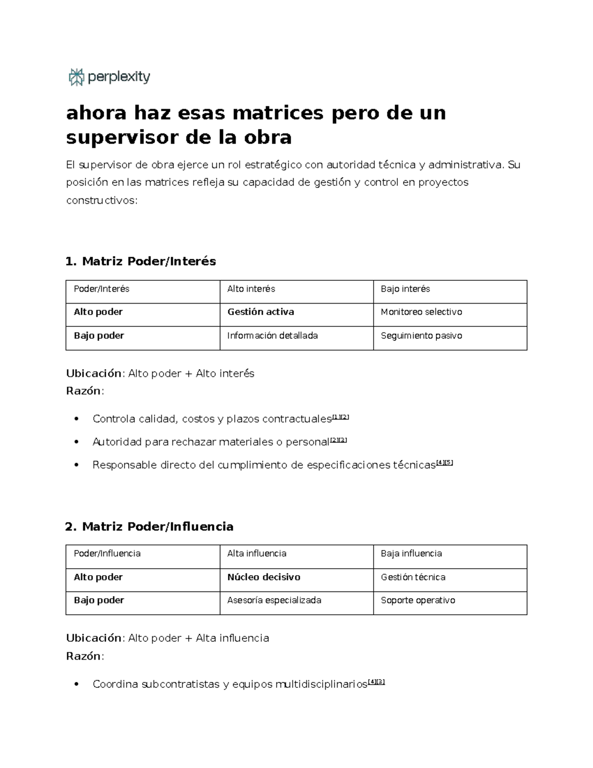 Matrices de Supervisión de Obra: Análisis de Poder e Influencia - Studocu