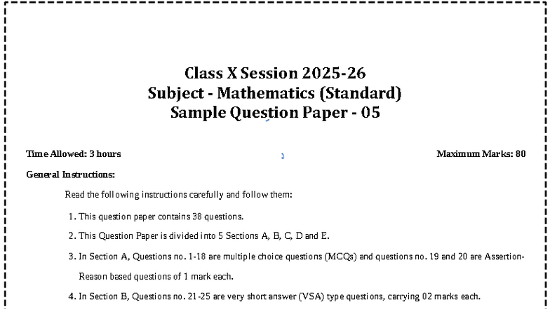 Class X Mathematics (Standard) Preboard 5 Sample Question Paper - Studocu