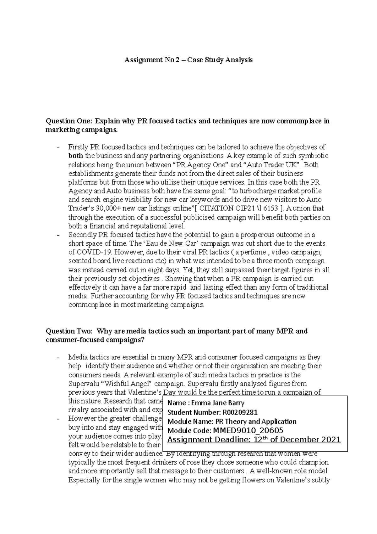 Case Study Analysis on PR Tactics in Marketing Campaigns - MMED9010 ...