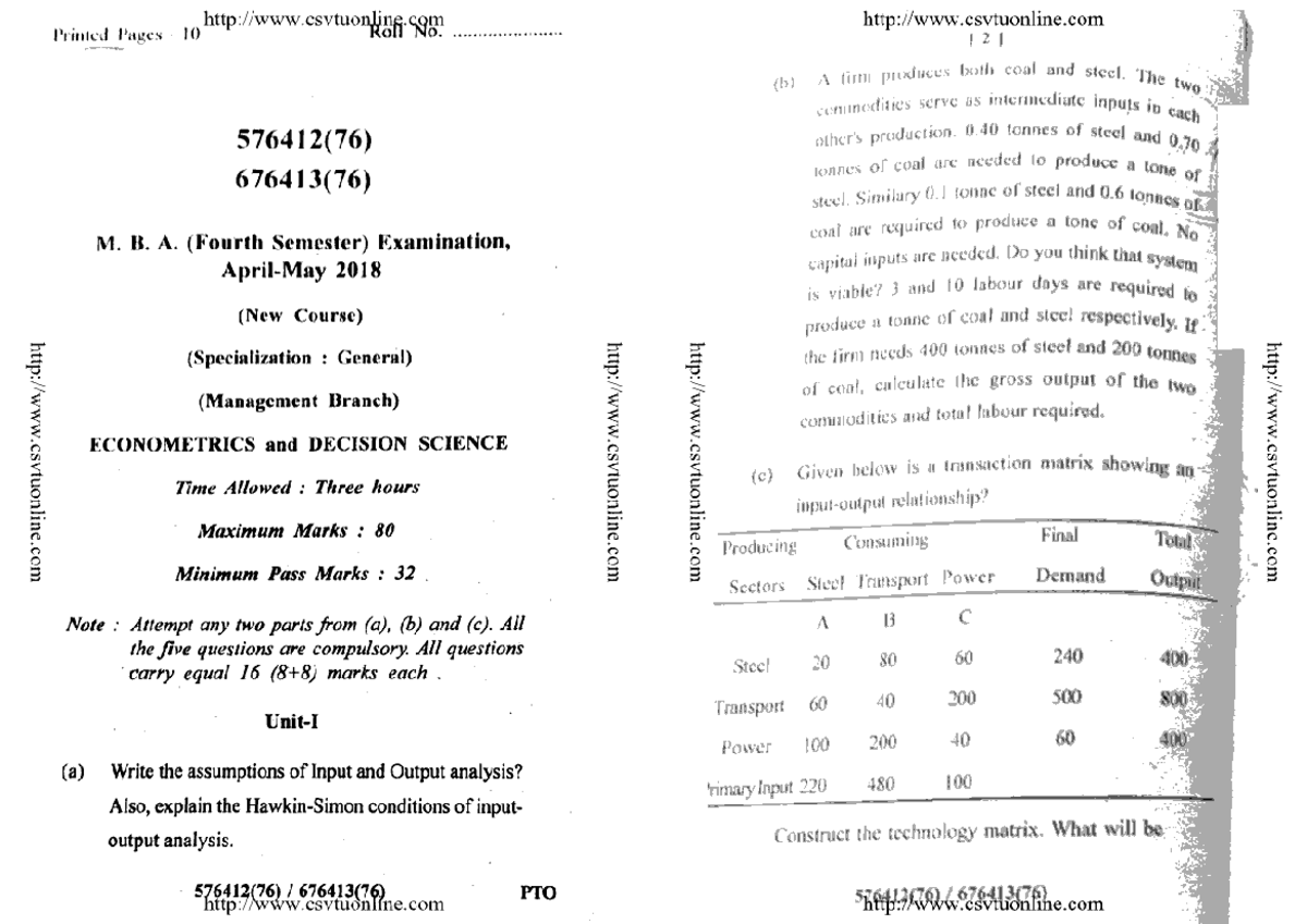 MBA 4 Sem 576412 Econometrics & Decision Science Exam May 2018 - Studocu