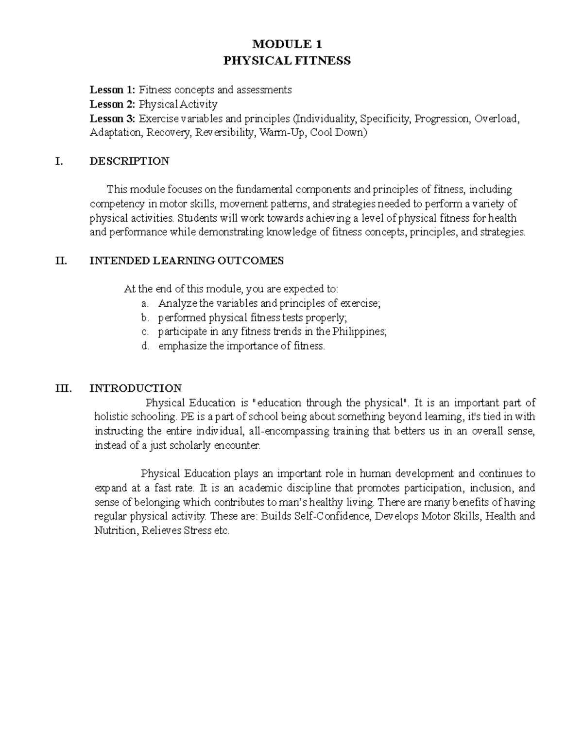 Pathfit Module-1: Fundamentals of Physical Fitness and Activity - Studocu