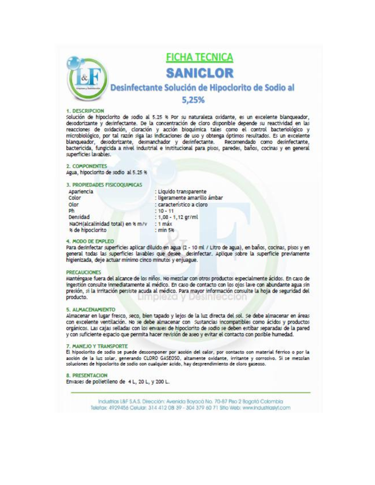 Ficha Técnica: Desinfectante Hipoclorito de Sodio al 5.25% - Studocu
