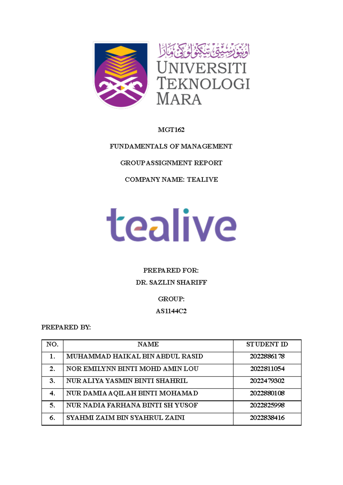 Group Assignment Report on Tealive - MGT162 - Studocu