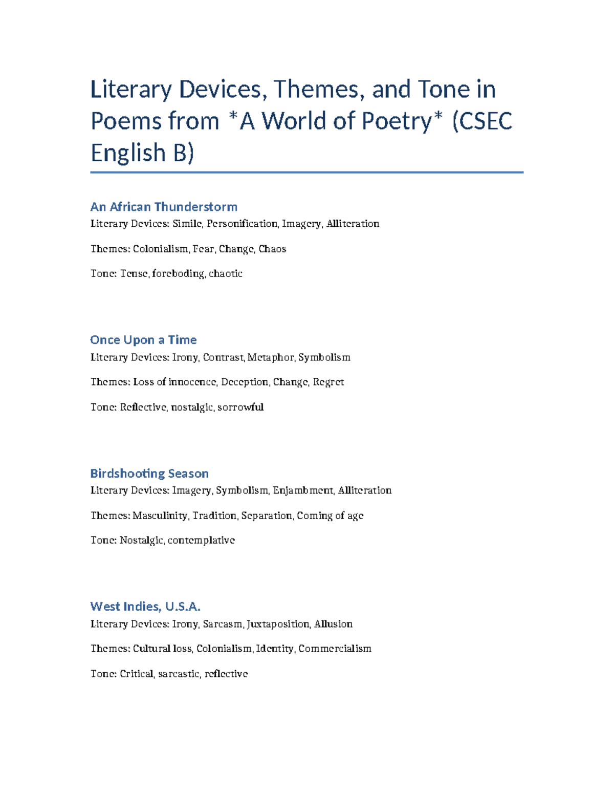 CSEC English B: Poetry Literary Devices, Themes, and Tone Analysis ...