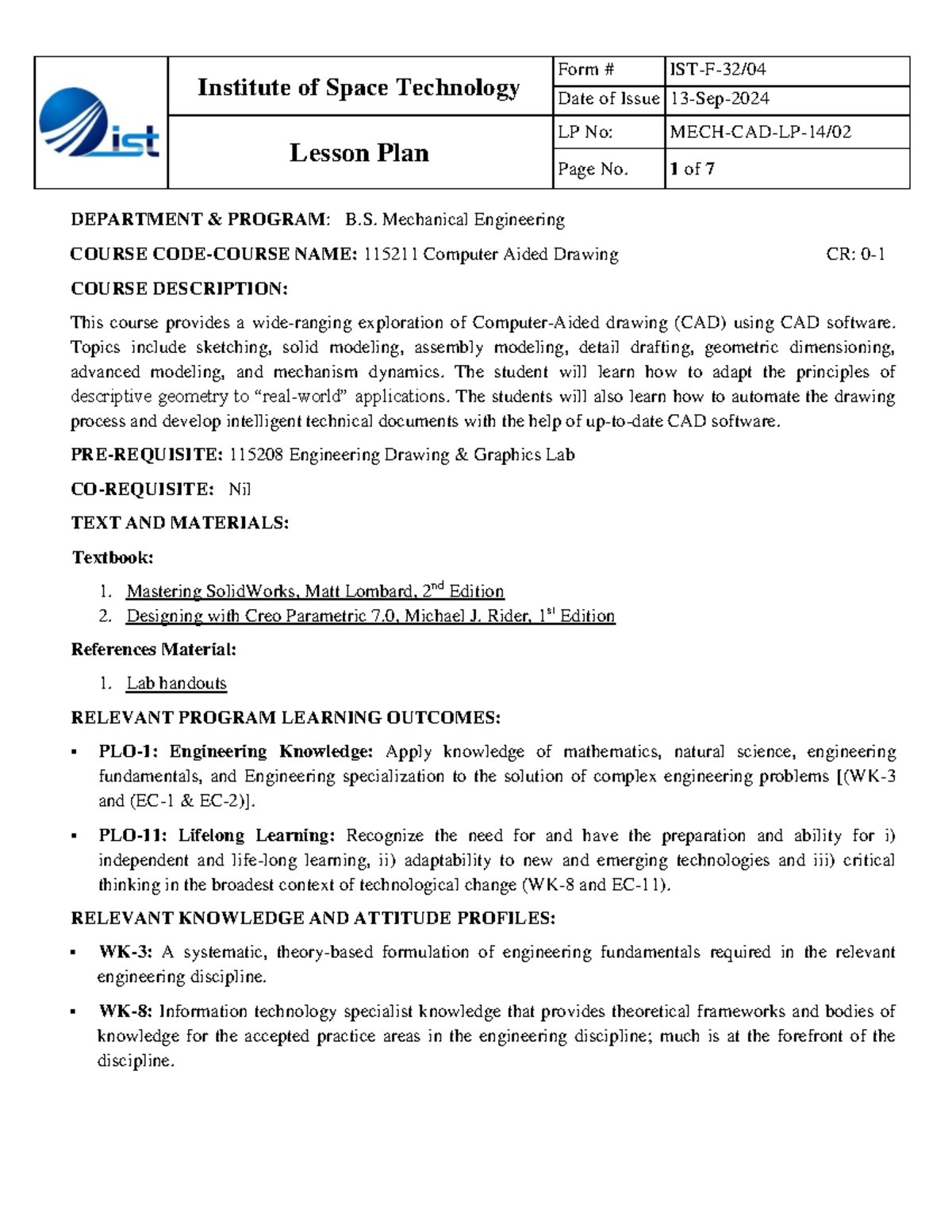 B.S. Mechanical Engineering 115211 CAD Lesson Plan Overview - Studocu