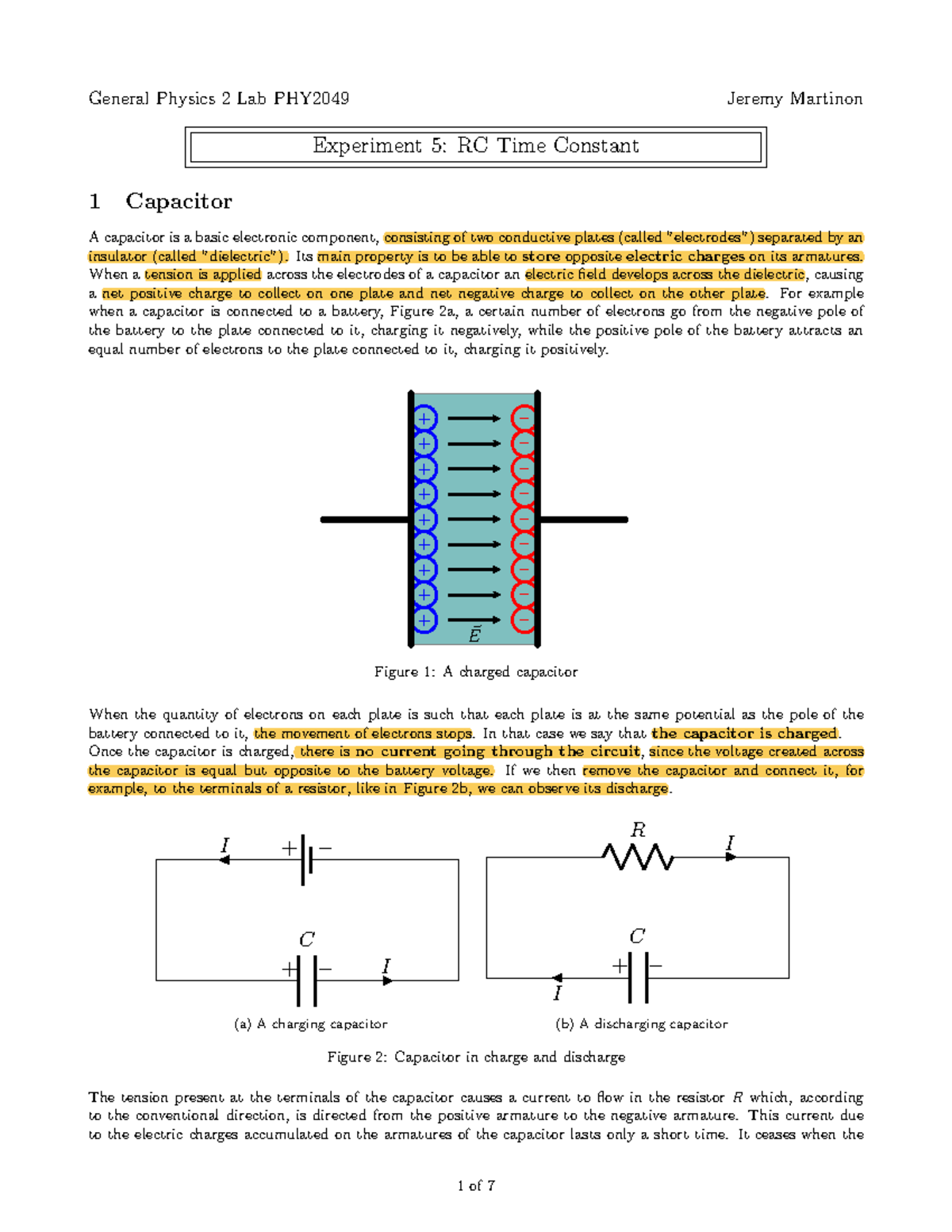 Experiment 5 theory - General Physics 2 Lab PHY2049 Jeremy Martinon Experiment 5: RC Time ...