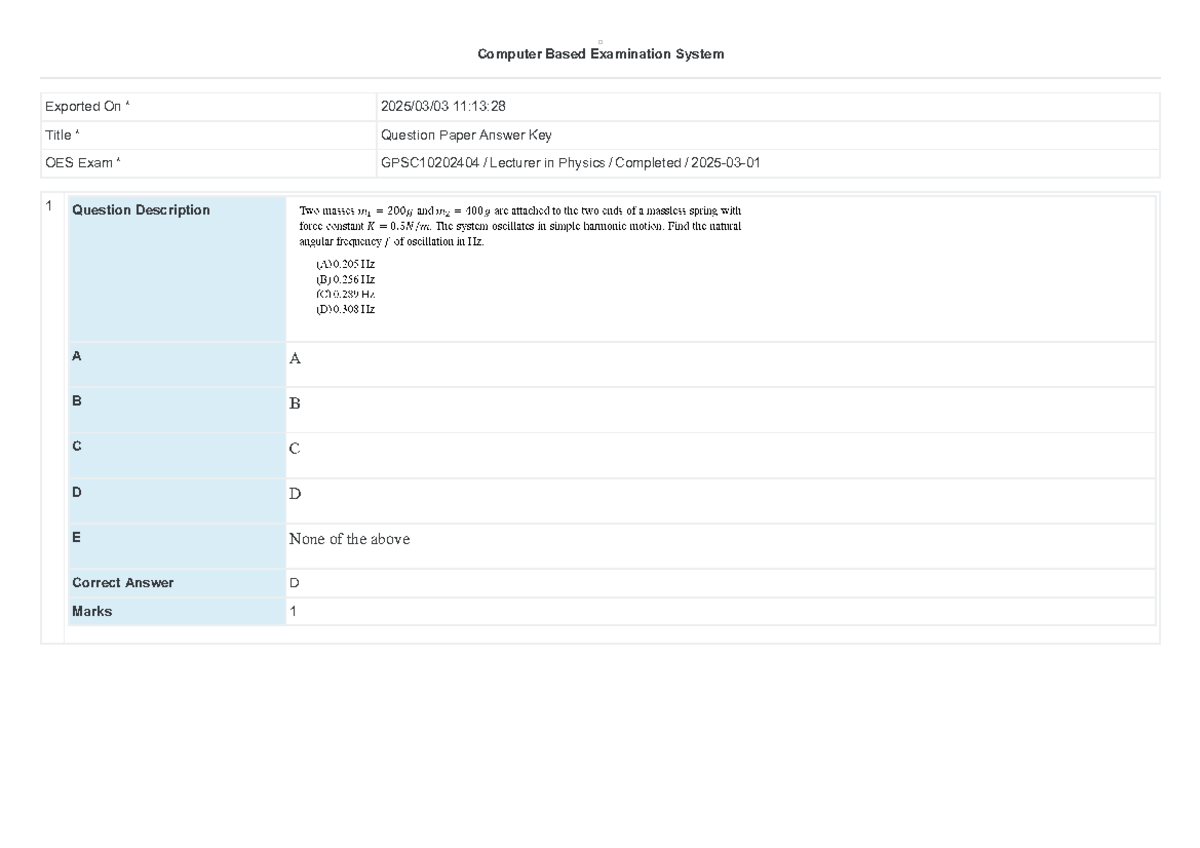 Computer Based Examination System: OES Exam GPSC10202404 - Answer Key ...