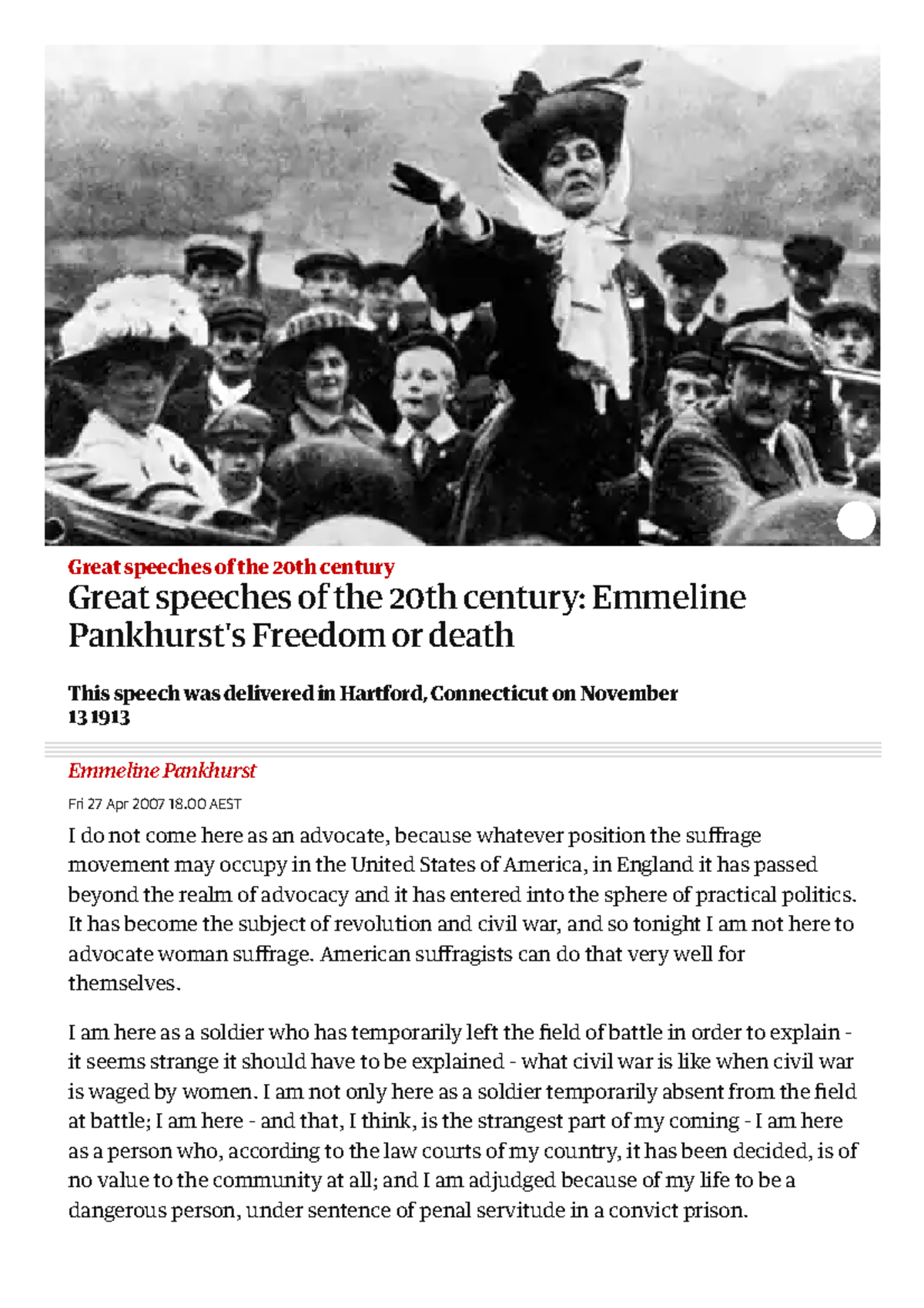 Pankhurst Emmeline: Freedom or Death Speech Analysis and Insights - Studocu