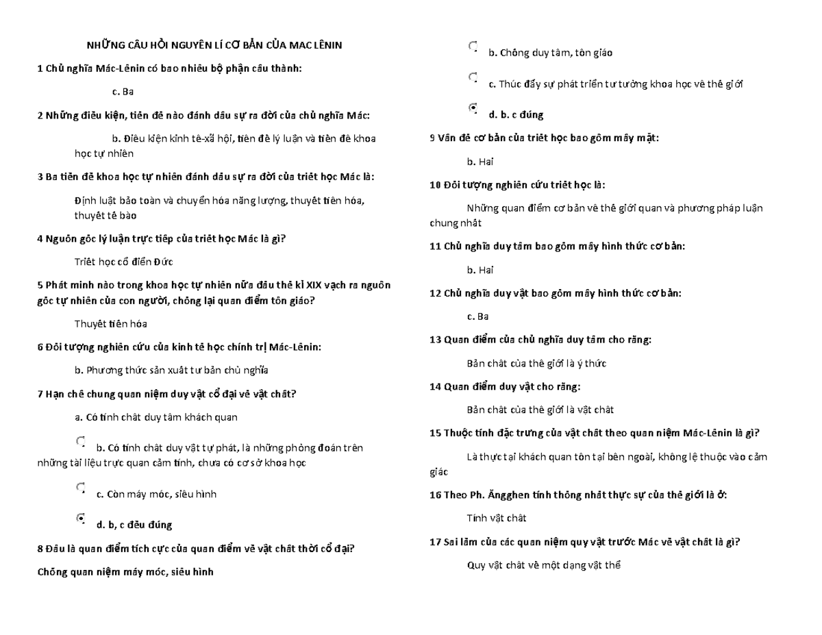 Những câu hỏi nguyên lí cơ bản của Mac Lênin - NH NG CÂU H I NGUYÊN LÍ C B N C A MAC LÊNIN Ữ Ỏ Ơ ...