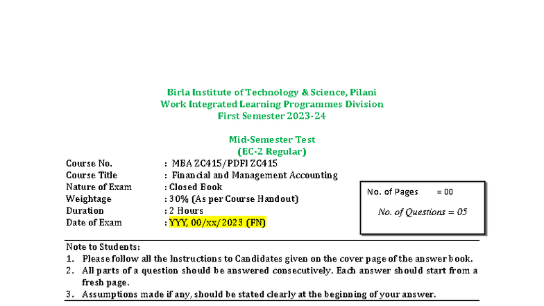 MBA ZC415: Financial & Management Accounting Exam Notes - Studocu