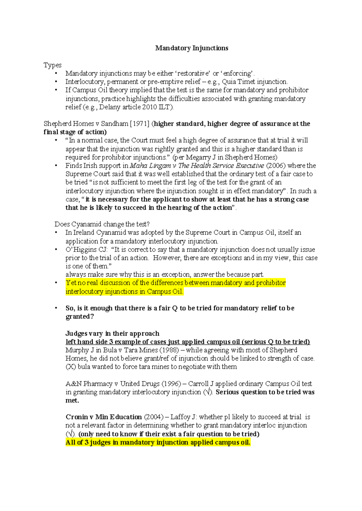 Mandatory Injunctions: Standards, Cases, and Legal Principles - Studocu