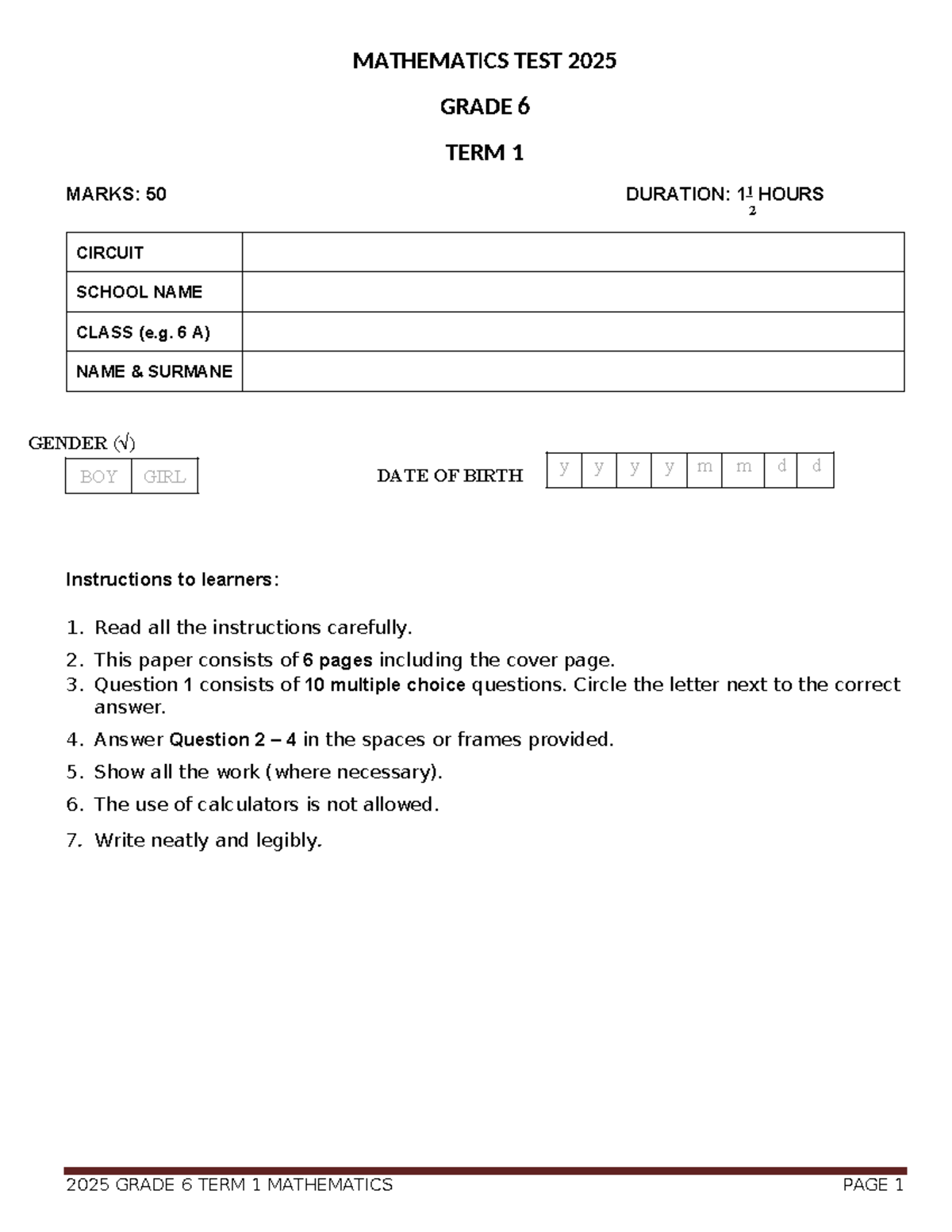 MATHEMATICS TEST GRADE 6 TERM 1 2025 - UPDATED VERSION - Studocu