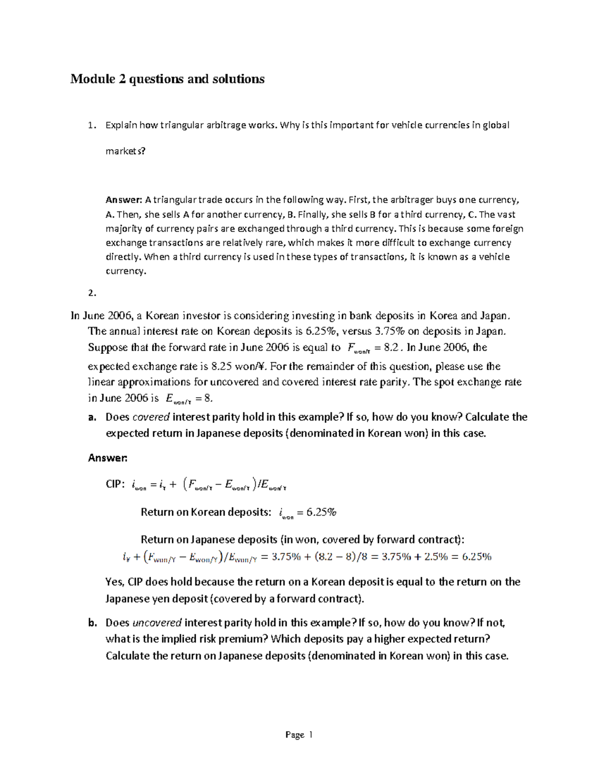 Module 2: Triangular Arbitrage & Interest Rate Parity Solutions - Studocu