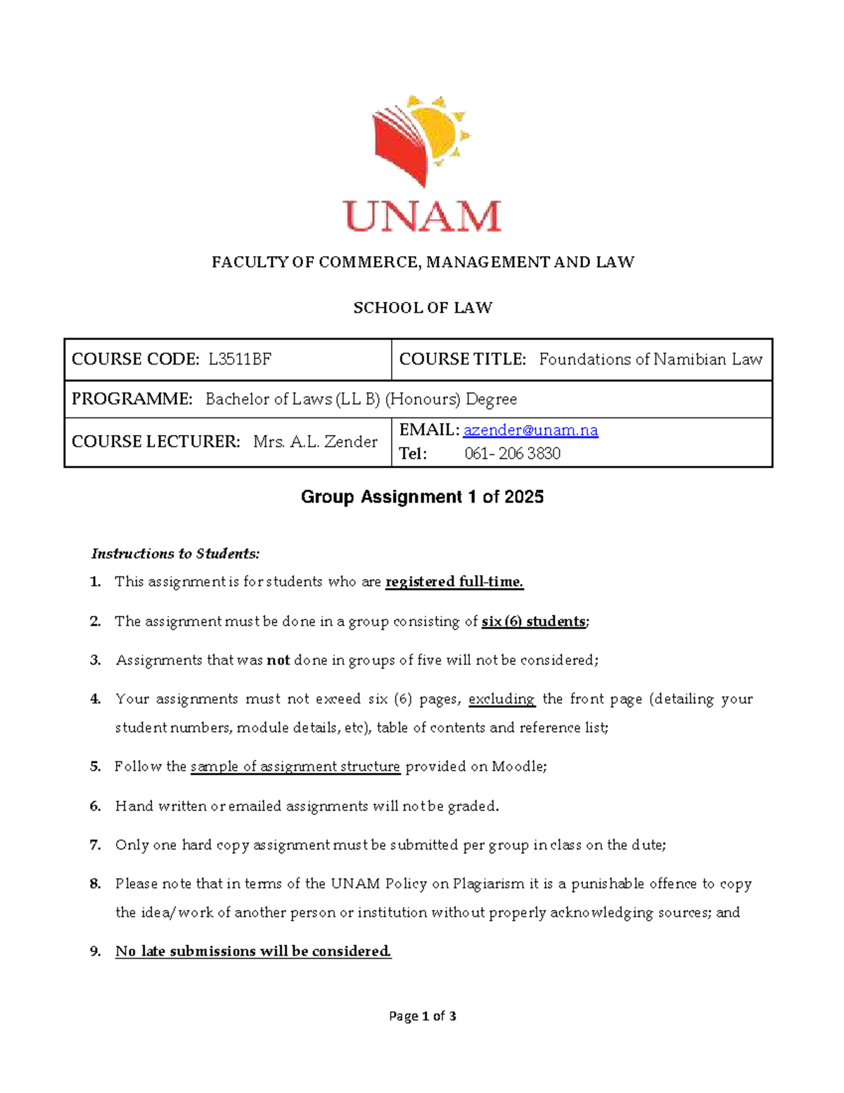 L3511BF Group Assignment 1: Foundations of Namibian Law (2025) - Studocu