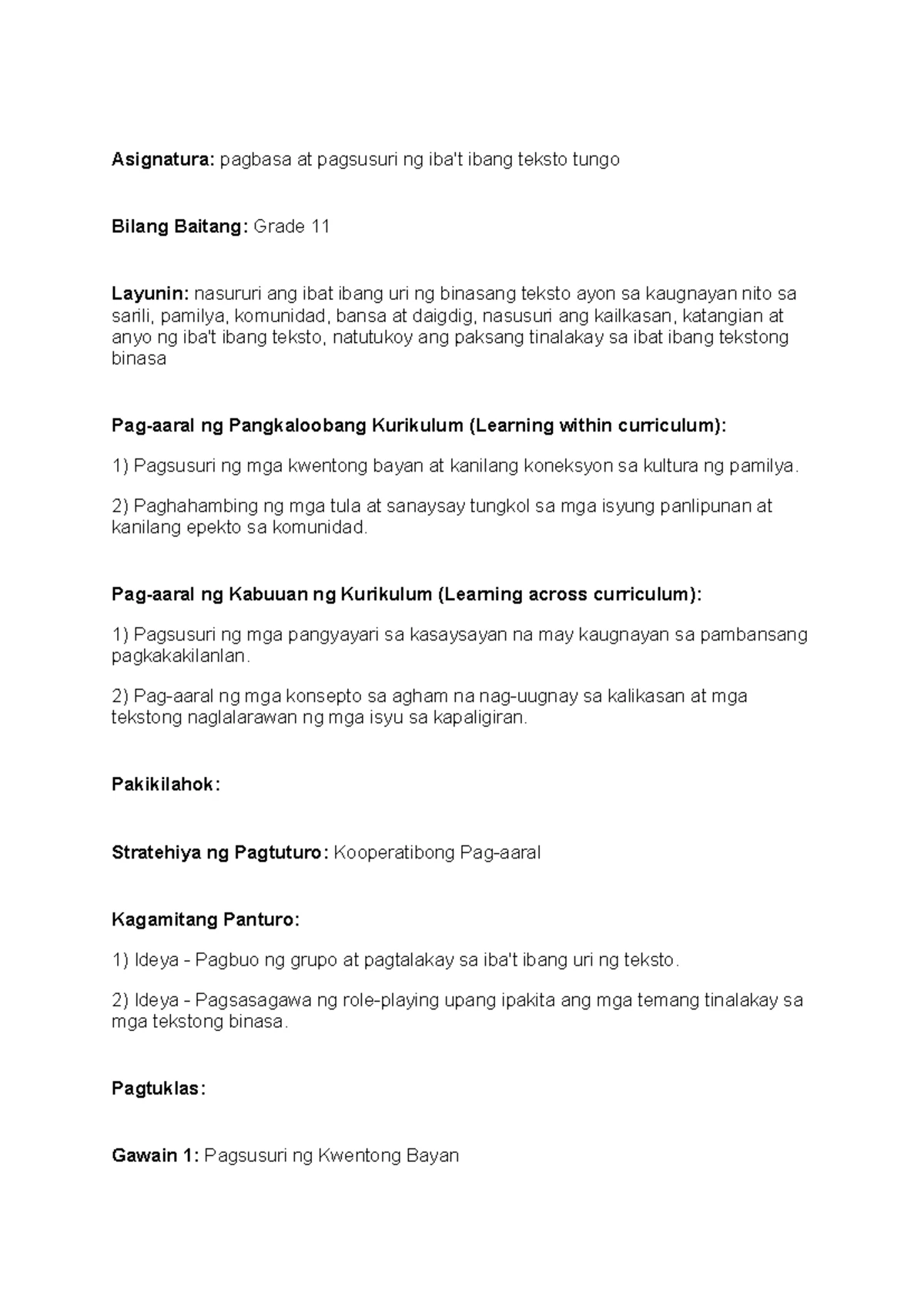 Lesson Plan: Pagbasa at Pagsusuri sa Ibang Uri ng Teksto (Grade 11 ...