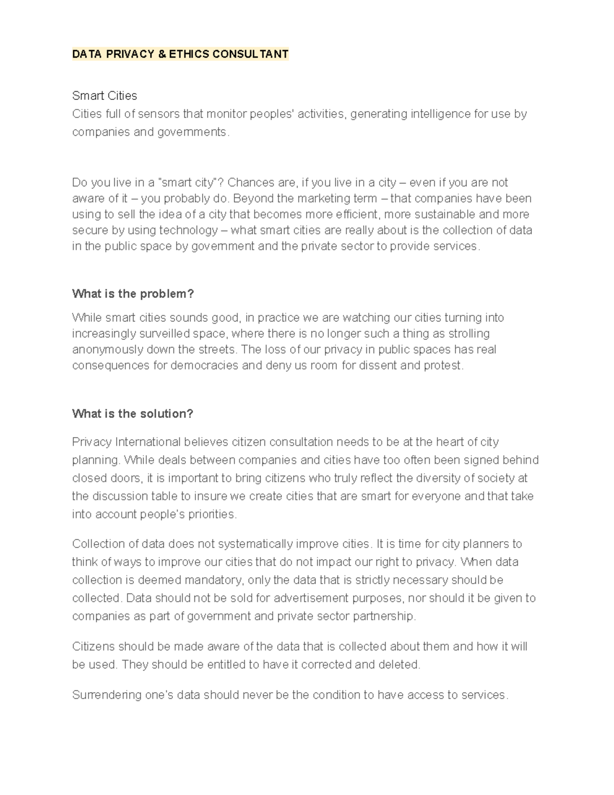 DATA Privacy & Ethics Consultant: Smart Cities & Surveillance Issues ...