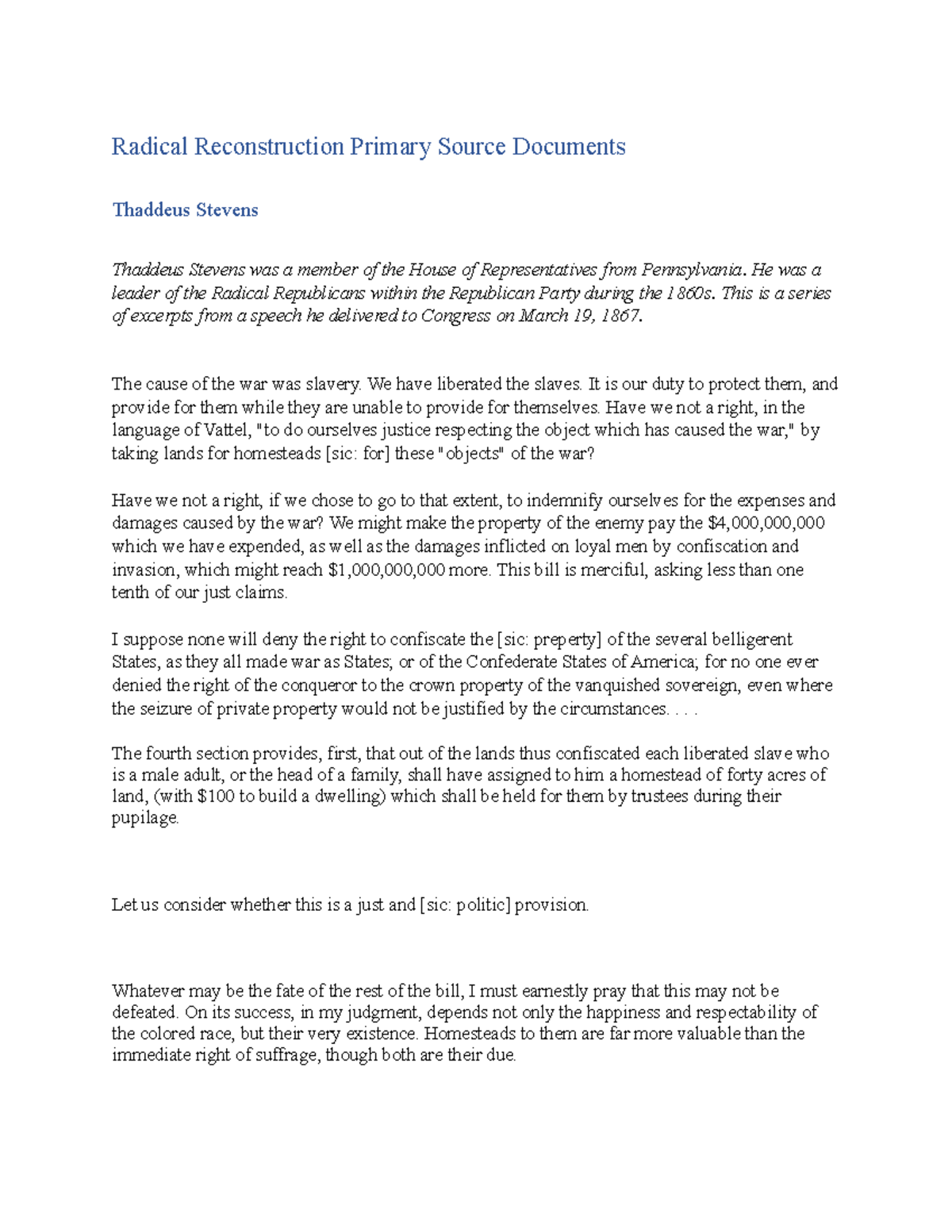 Radical Reconstruction: Primary Sources & Guided Reading Questions ...